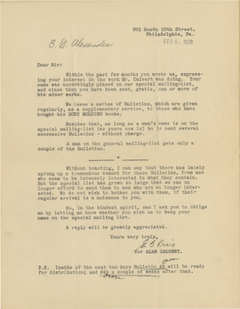 Advertisement Correspondence for magazine written by Alan Calvert ...