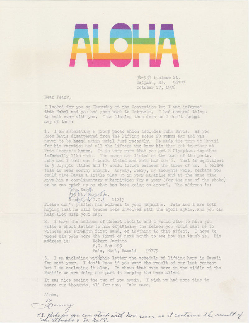 Letter from Tommy Kono to Peary Rader | Rogue USA