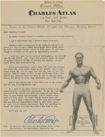 Charles Atlas advertising pitch on Atlas letterhead | Rogue Fitness