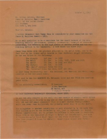 Letter of Recommendation for Tommy Kono for 1963 Sullivan Award | Rogue ...